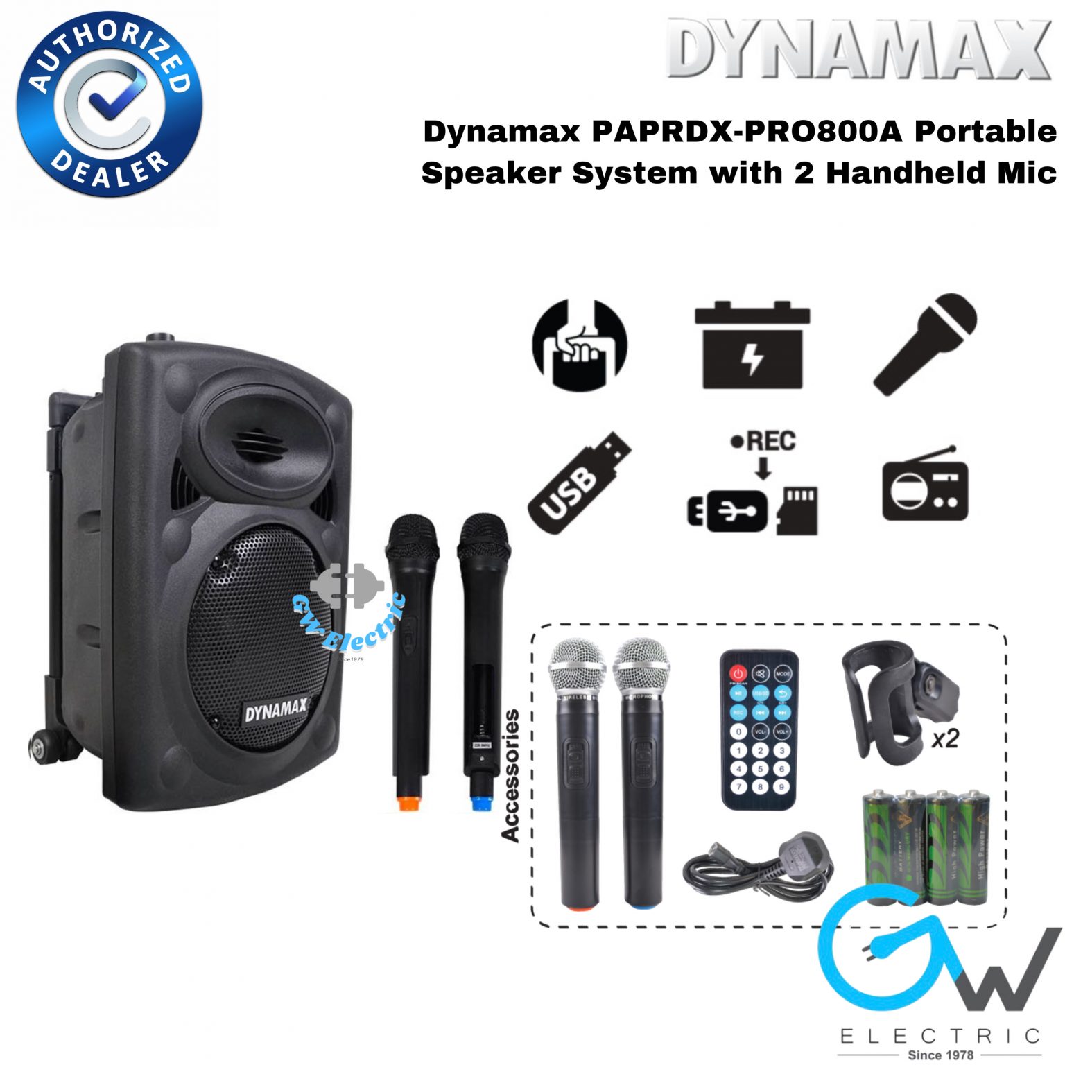 Dynamax 200W PRO800A 8 Inch Portable Speaker With 2 Units Wireless Mic ...